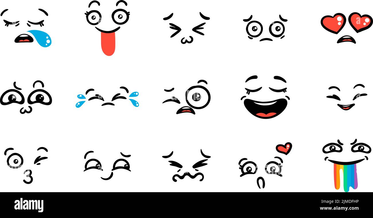 Various Cartoon Emoticons Set. Doodle faces, eyes and mouth. Caricature ...