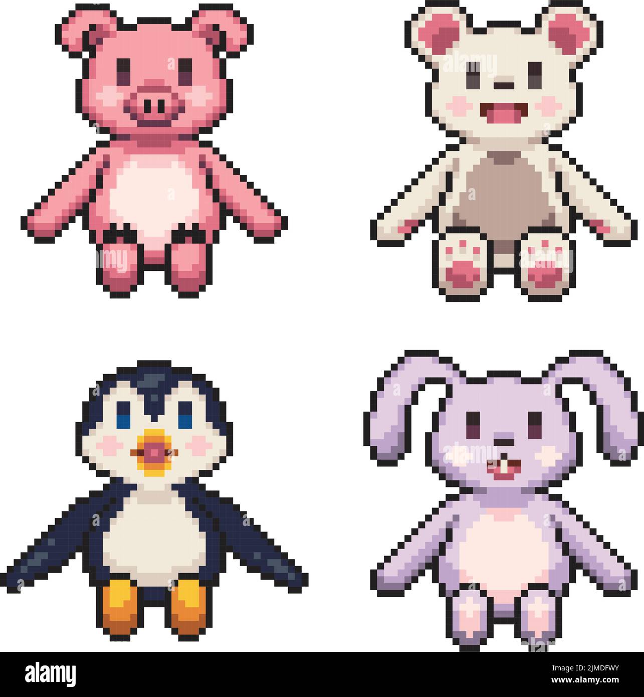 An 8 bit pixelated illustration of cute animal doll set: pig, polar ...
