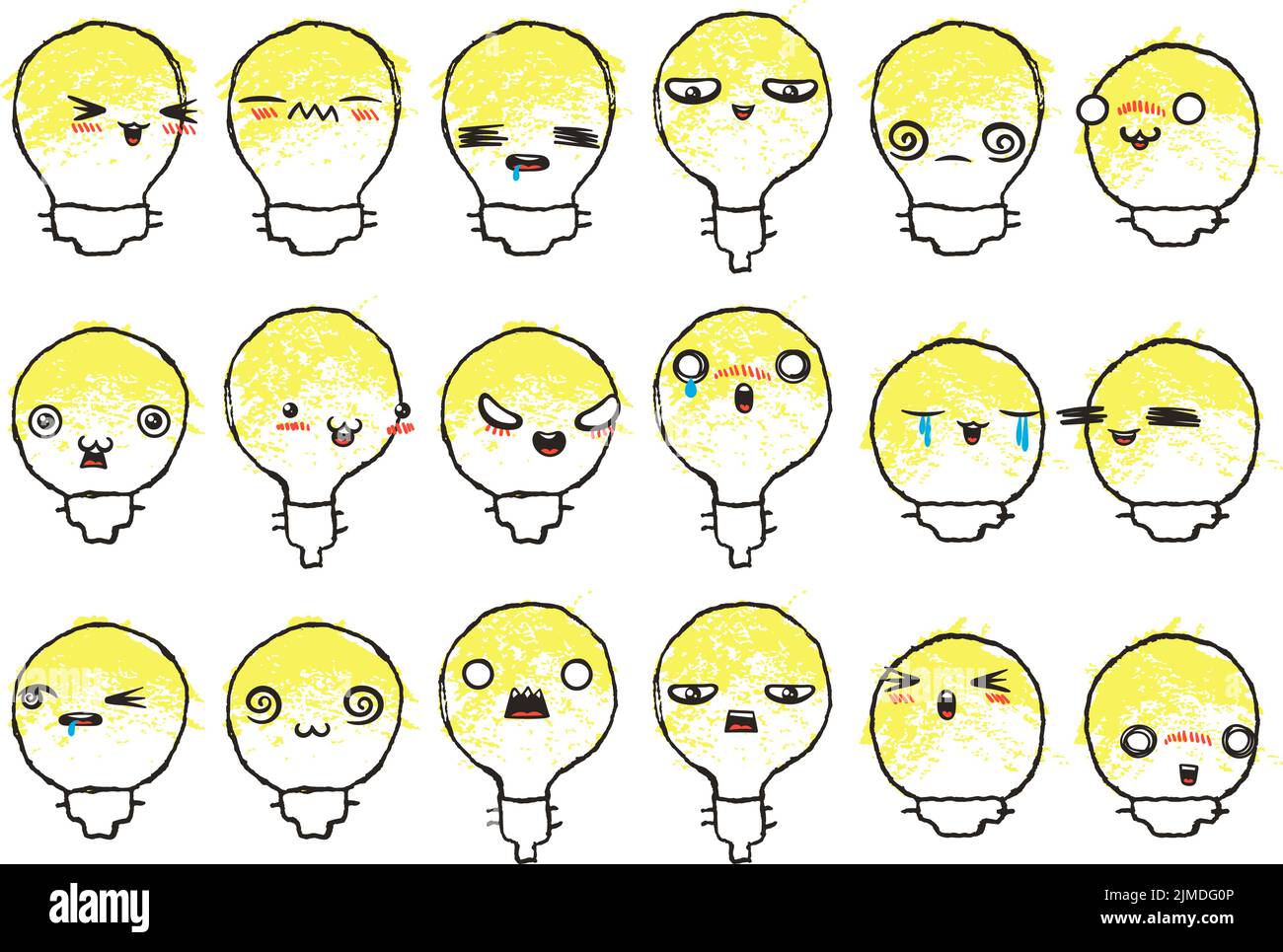 Set of Various Cartoon Bulbs with Emoticons. Doodle lightbulb, ideas ...