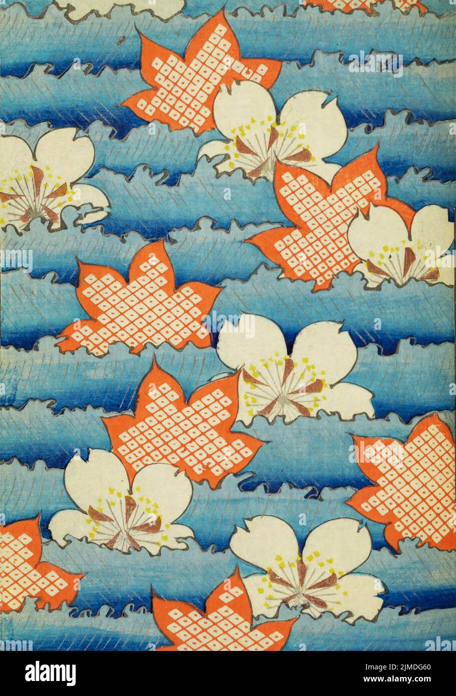 Retro Japanese art design background vibrant waves leaves flowers Stock ...
