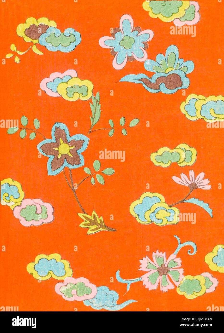 Retro Japanese art design red background with flowers Stock Photo - Alamy