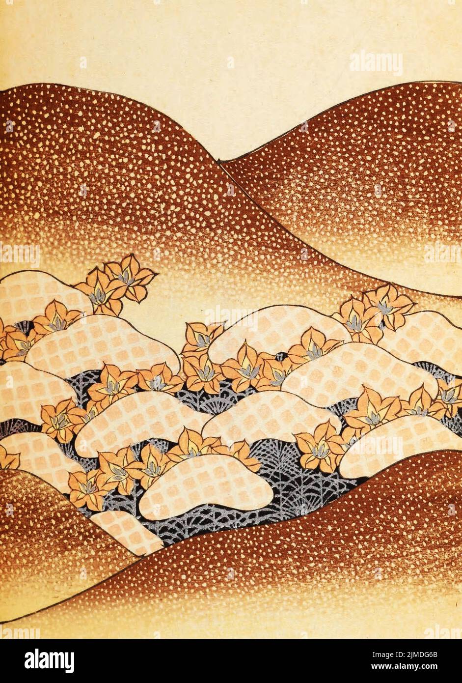 Retro Japanese art design background neutral hills and flowers Stock ...