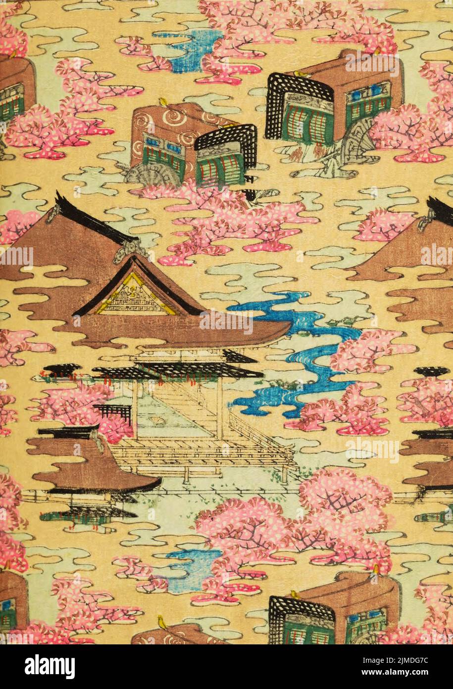 Retro Japanese art design background flowers and architecture Stock ...