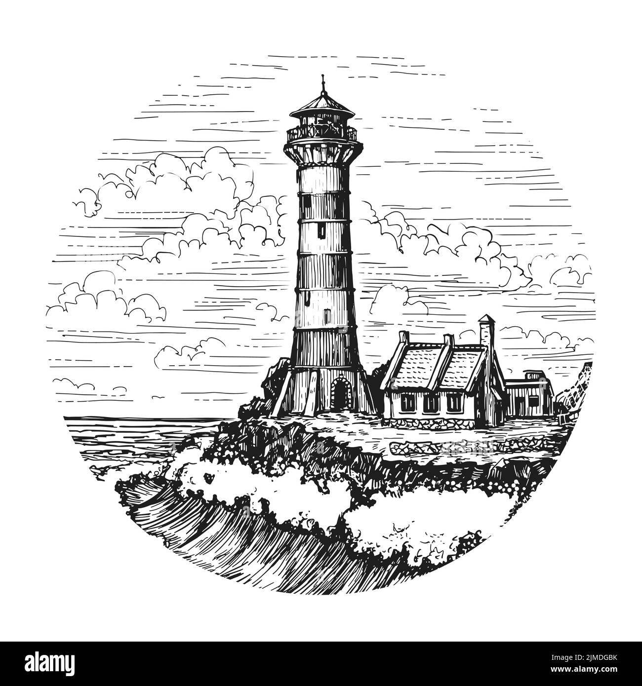 Lighthouse on seashore. Hand drawn sketch seascape and waves. Vector ...