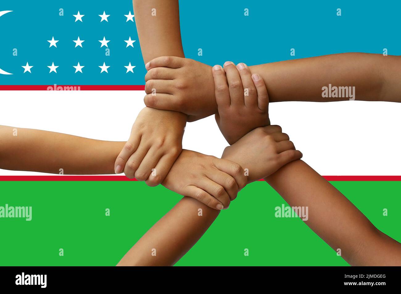Uzbekistan flag, intergration of a multicultural group of young people ...