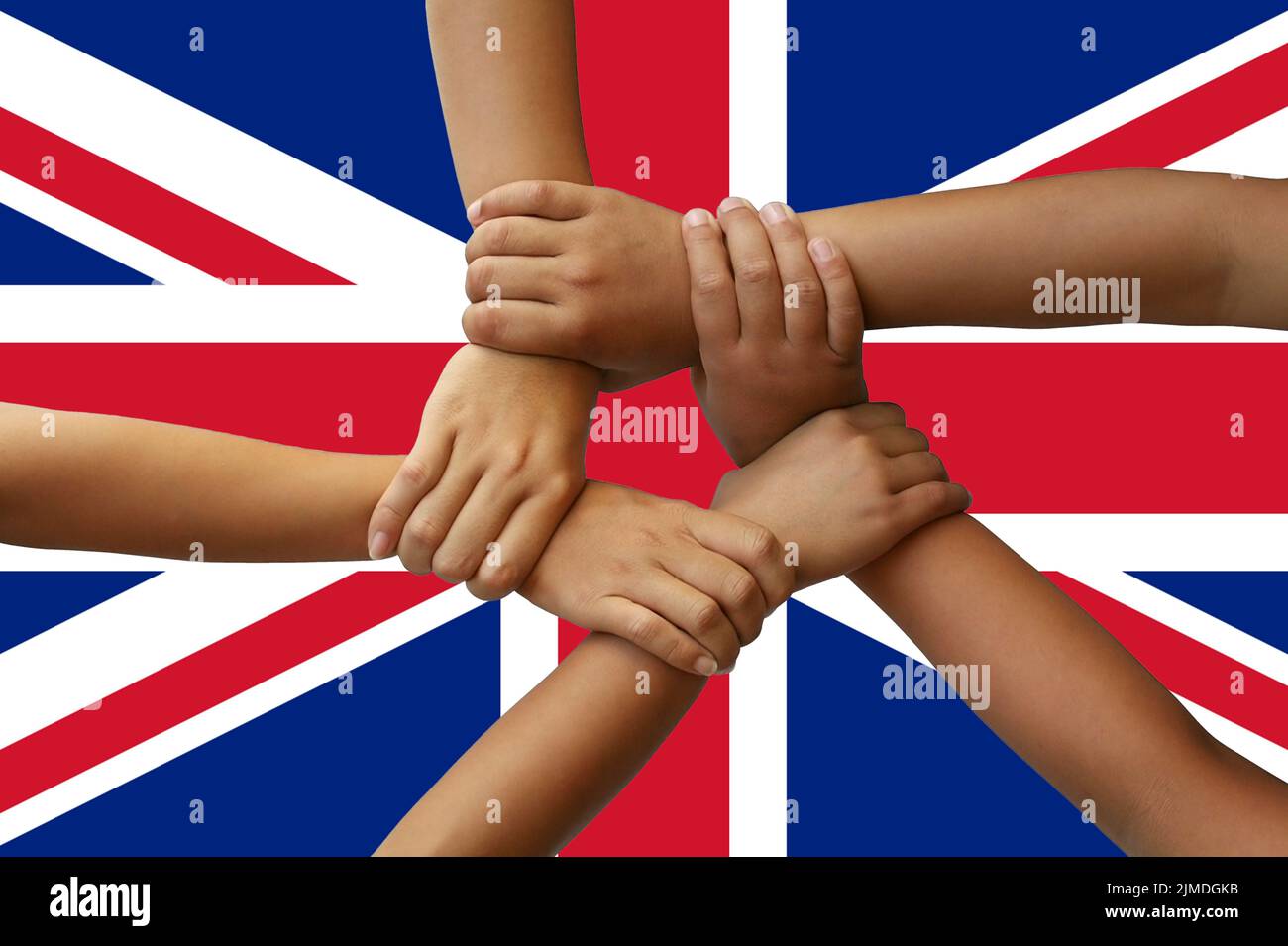 United kingdom flag, intergration of a multicultural group of young ...
