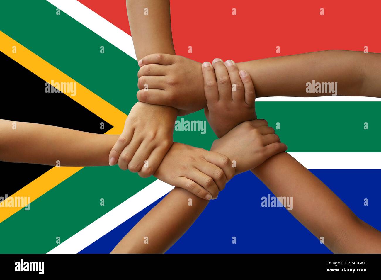 South Africa flag, intergration of a multicultural group of young ...