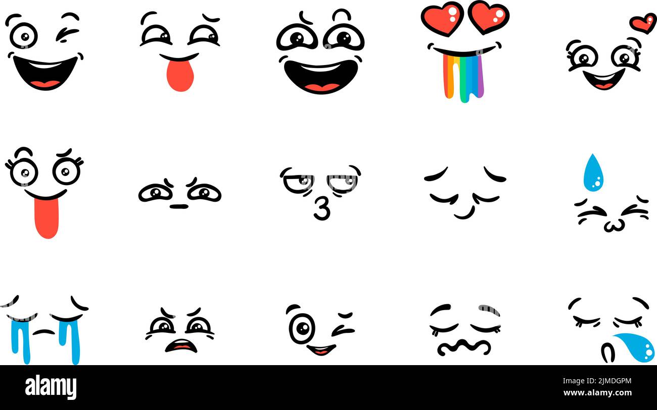 Various Cartoon Emoticons Set. Doodle faces, eyes and mouth. Caricature ...