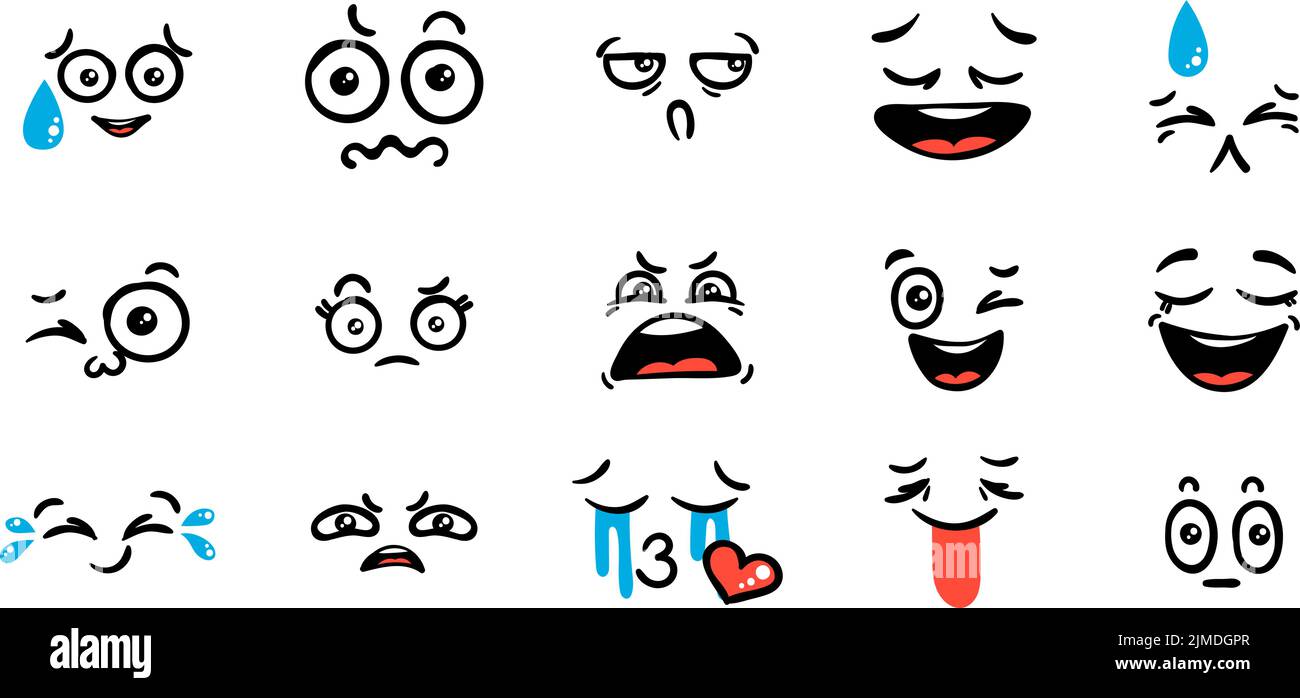 Various Cartoon Emoticons Set. Doodle faces, eyes and mouth. Caricature ...