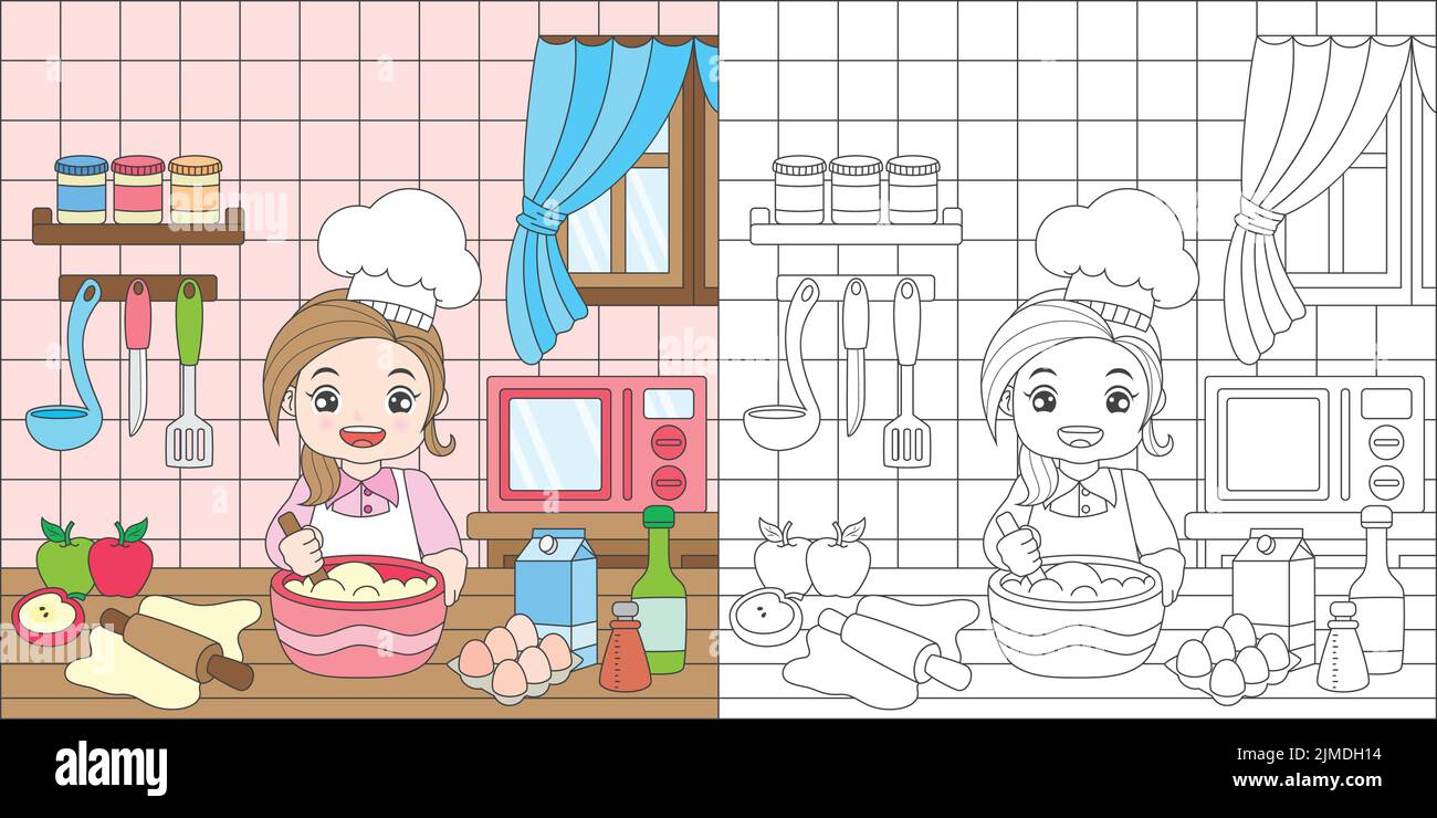 A coloring book page with a girl cooking in the kitchen Stock Vector ...