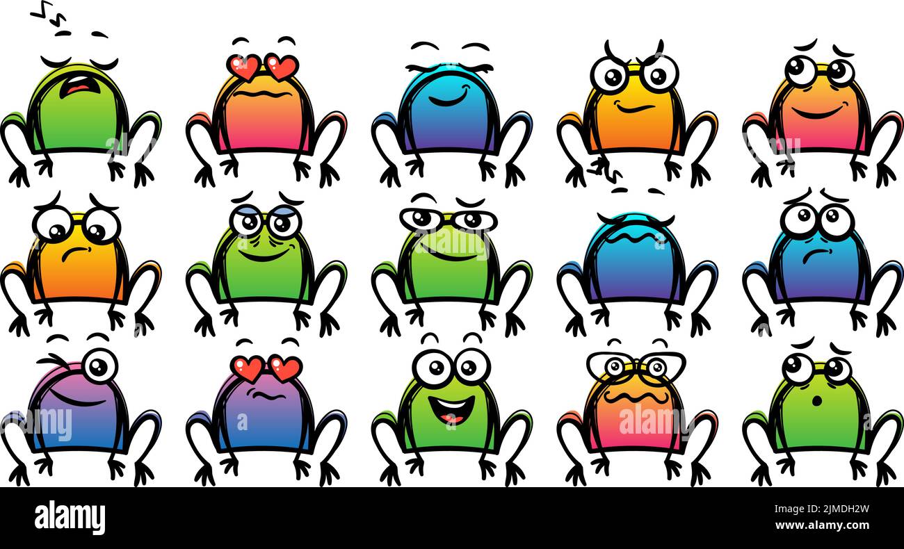 Various Cartoon Frogs Set. Doodle faces, eyes and mouth. Caricature ...