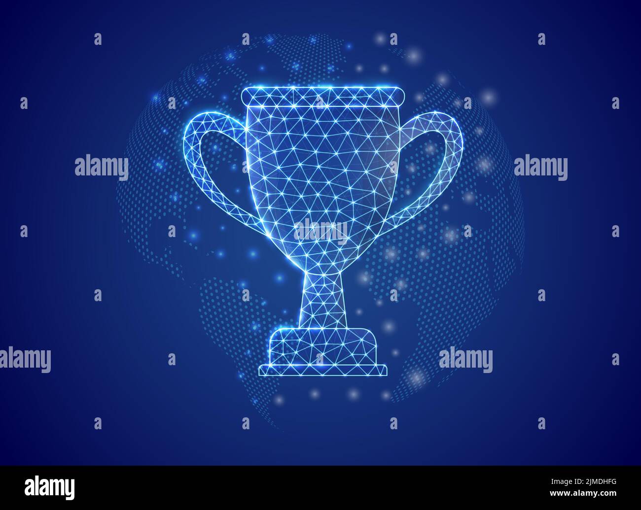 Trophy cup 3d low poly symbol with blue world map background. Award ...