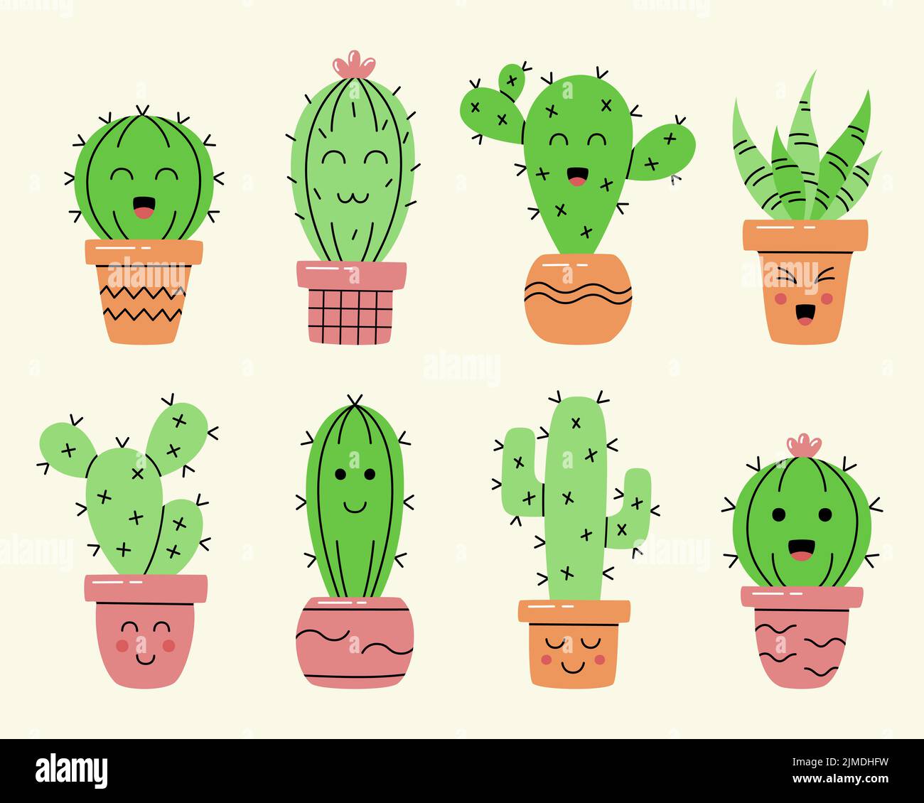 Collection Of Cute Cartoon Cactus And Succulent Hand Drawn Cacti With