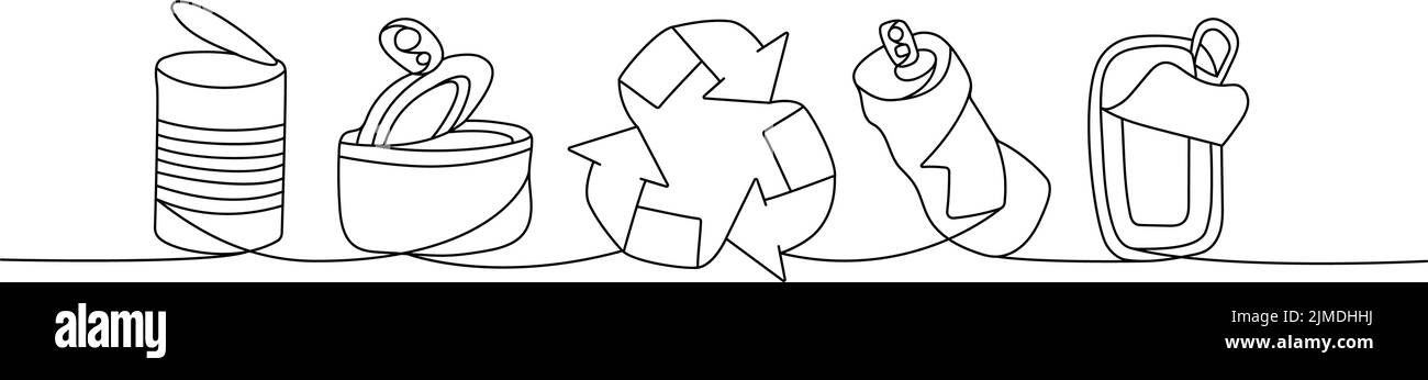 Set of Cans one line continuous drawing. Aluminium waste, tin can ...