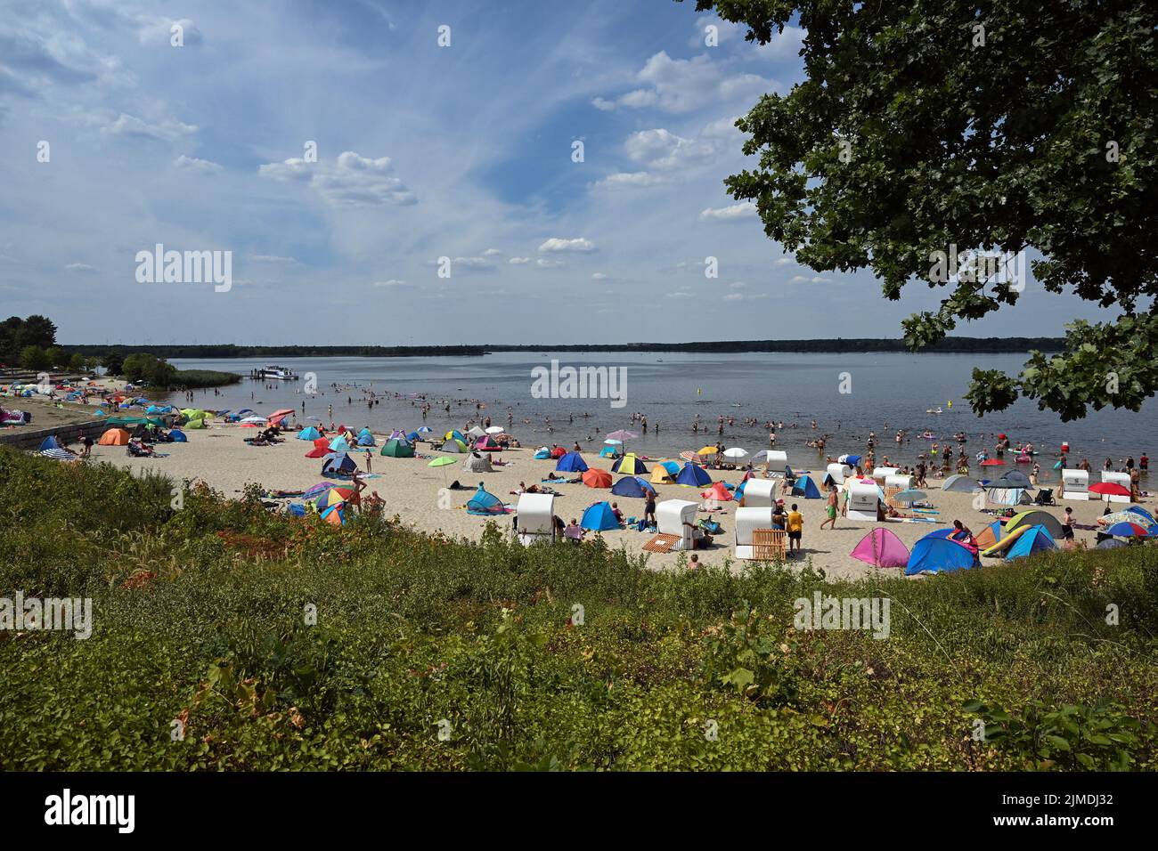 Senftenberg, Germany. 04th Aug, 2022. Excursionists swim and sunbathe ...