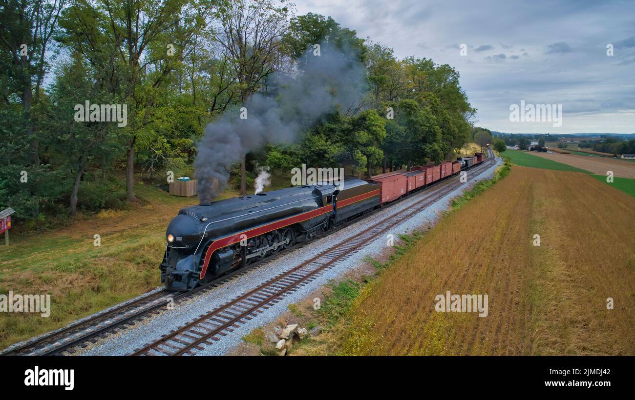 Aerial View of a Restored Antique Steam Engine and Passenger Cars ...