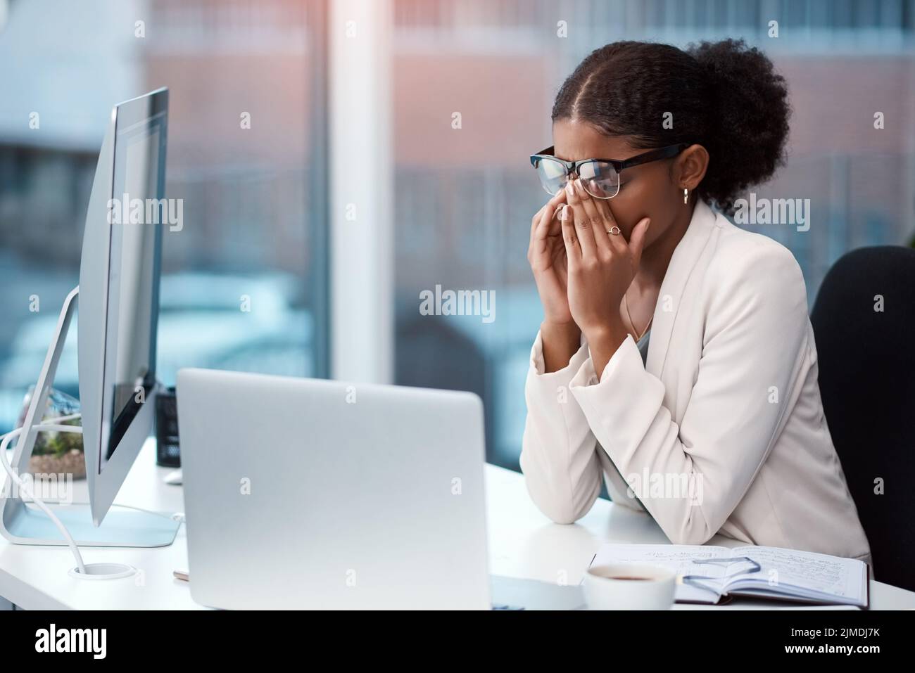 Stress, anxiety and worry with a young business woman suffering from a ...