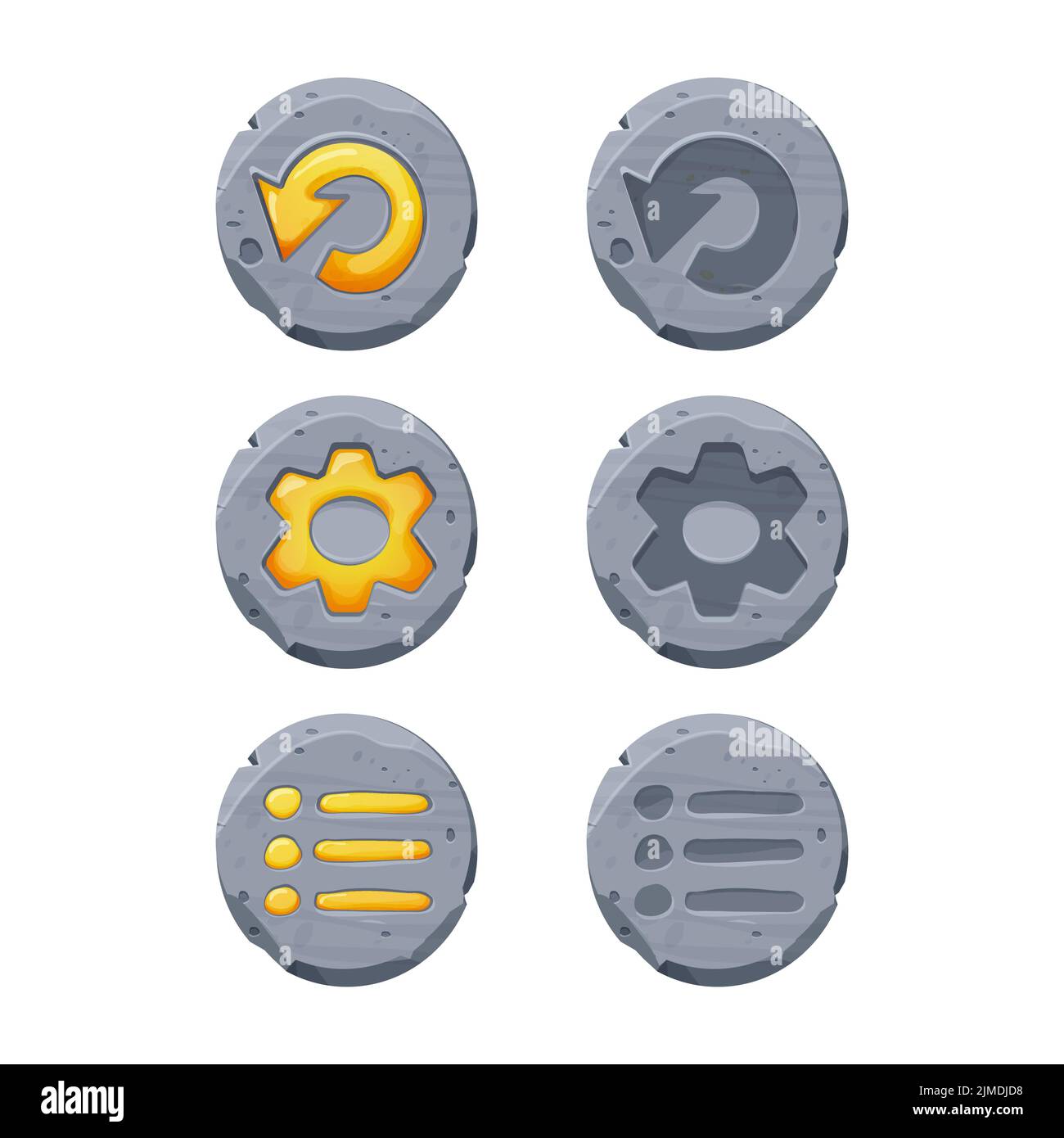 Set start and closed buttons on stone circle in comic cartoon style, ui ...