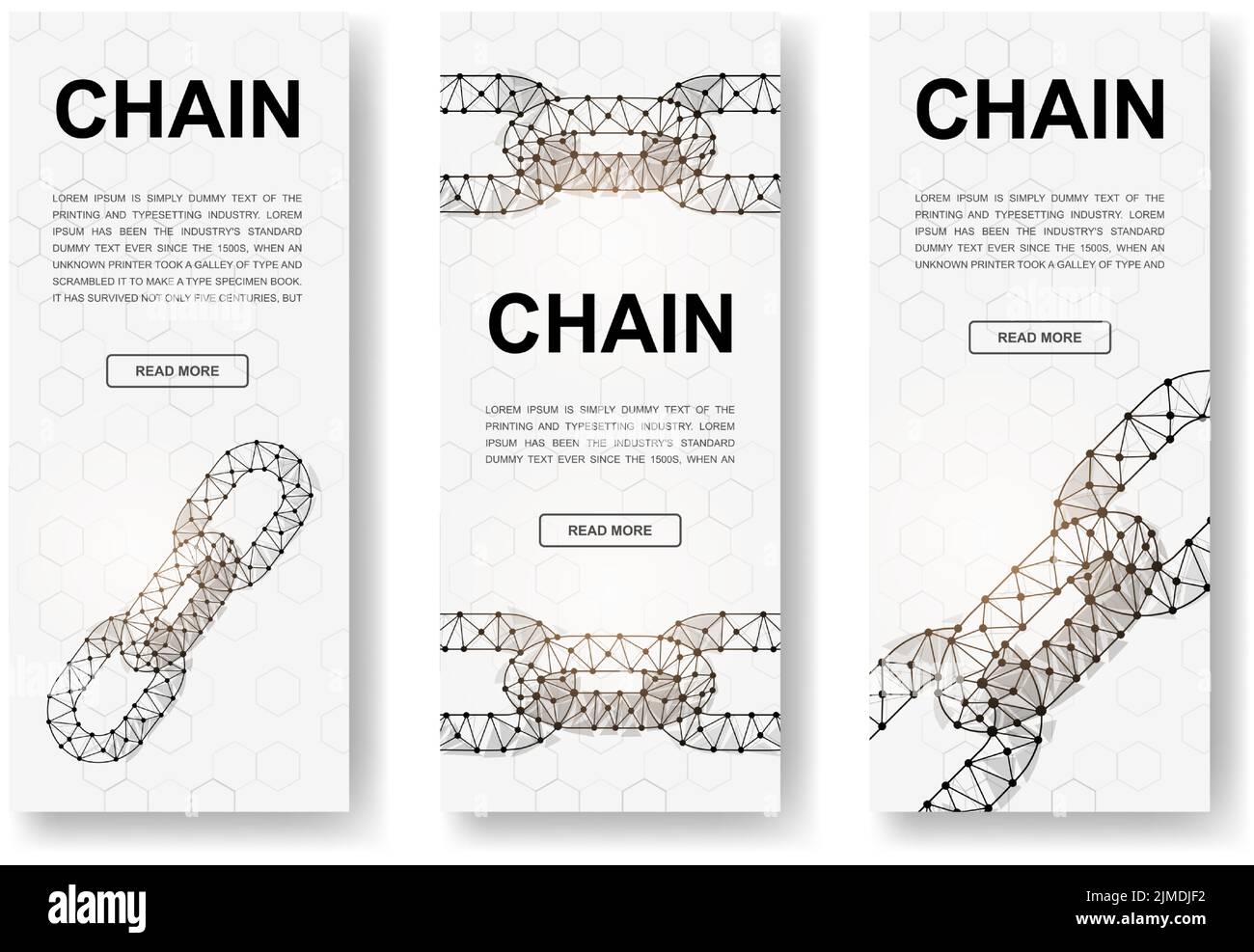 Set of three Chain polygonal vertical banners. 3d Blockchain low poly symbols with connected ...
