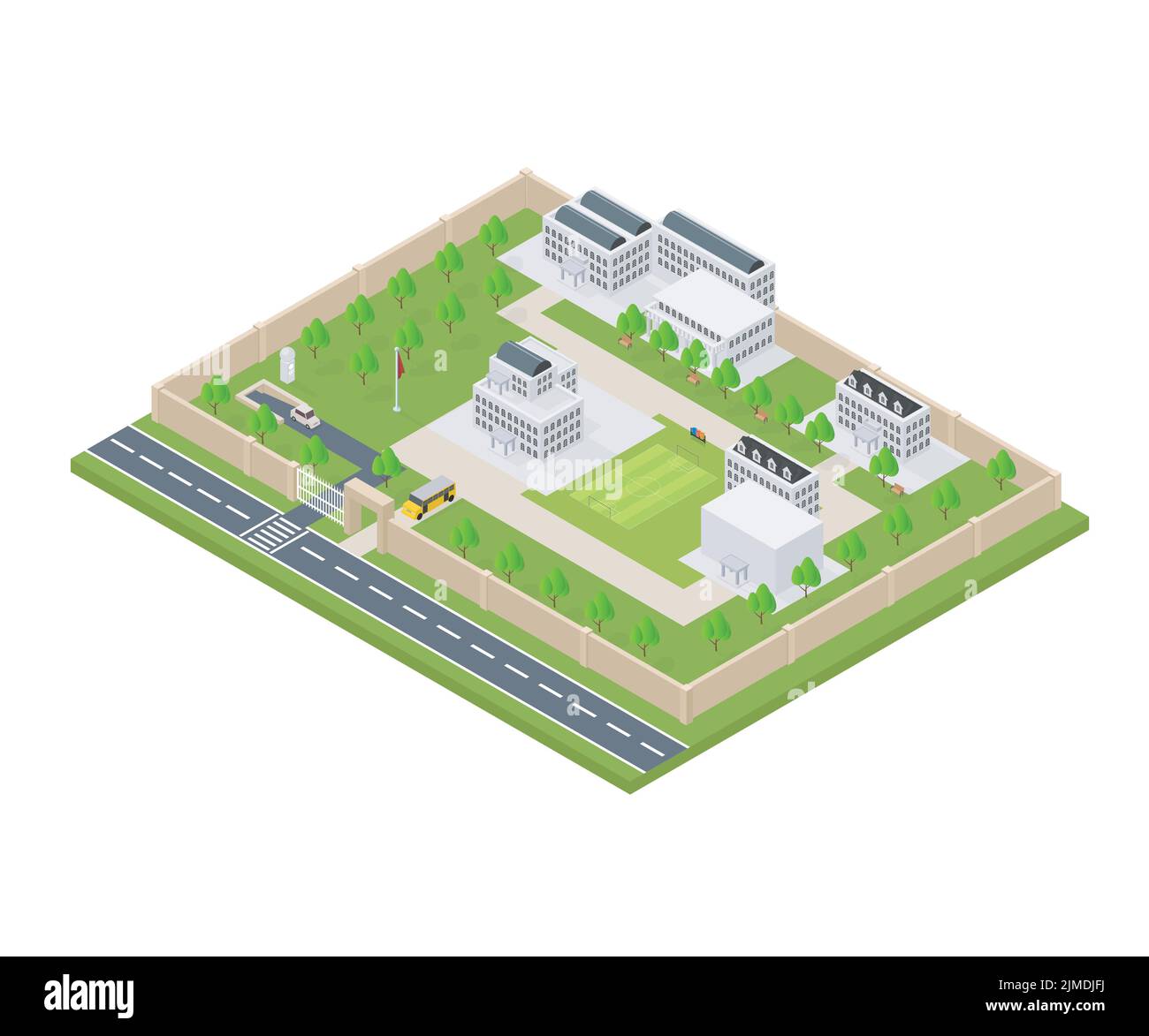 A digital pixelated illustration of a school campus with a soccer field ...