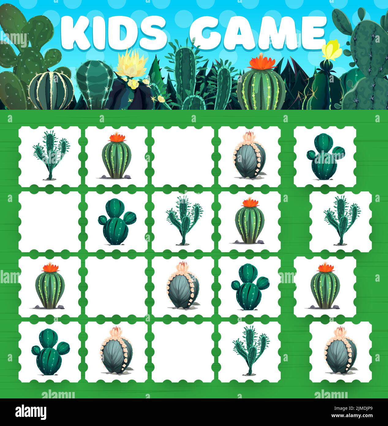 Cactuses and succulents sudoku kids game worksheet. Vector block puzzle ...