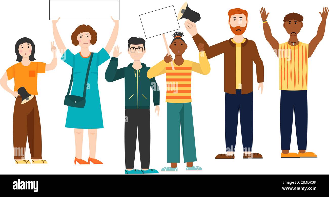 Men and women stand at the rally. Demonstration of people. Vector ...