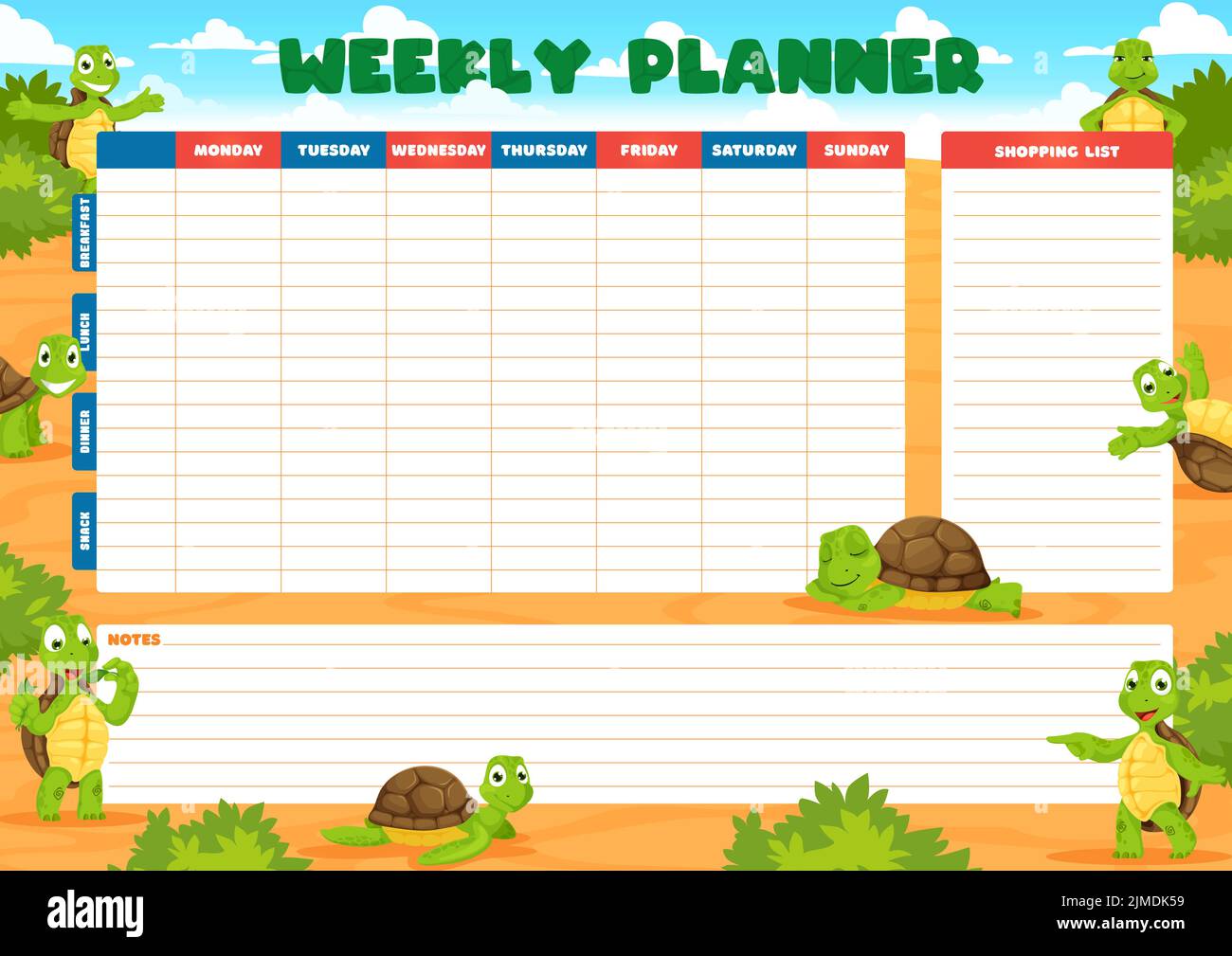 Weekly planner schedule with cartoon turtle. Cheerful tortoise animal ...