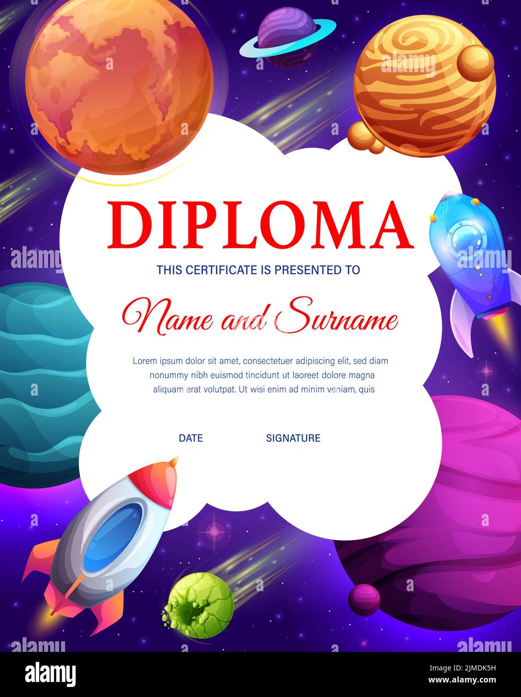 Cartoon kids diploma with space rockets flying between planets in ...