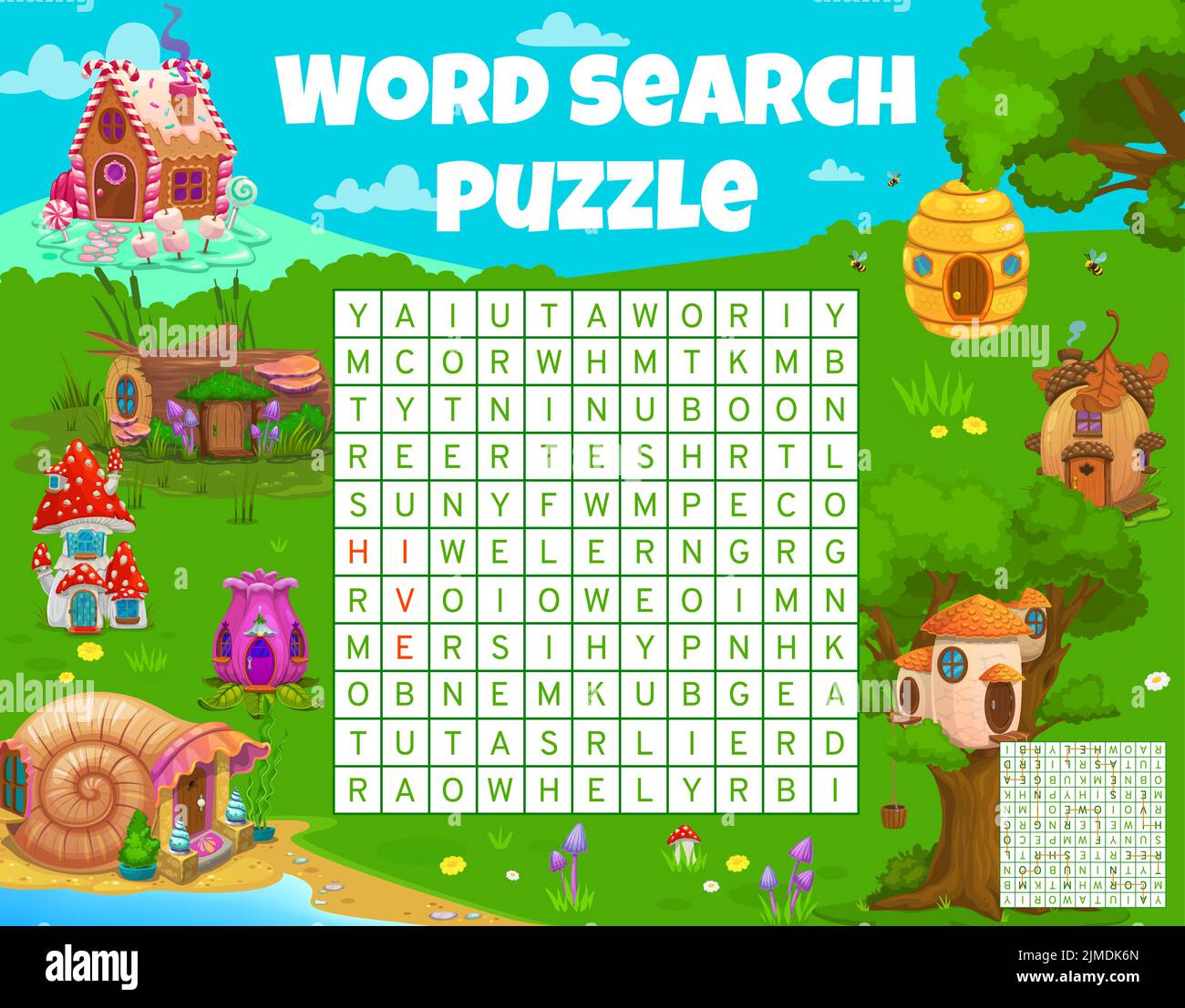 Cartoon fairytale houses, word search puzzle game worksheet, vector ...
