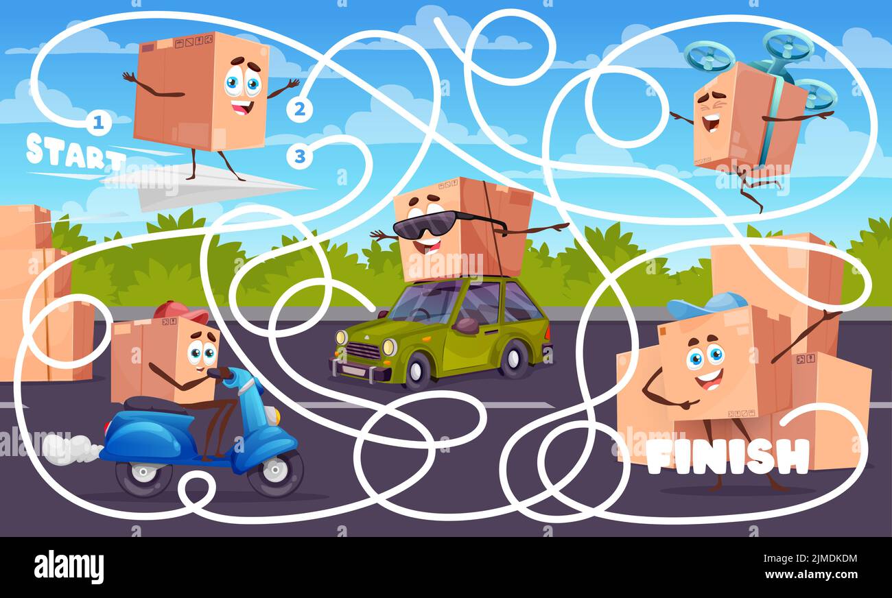 Labyrinth maze. Cartoon package box characters. Help to find fastest ...