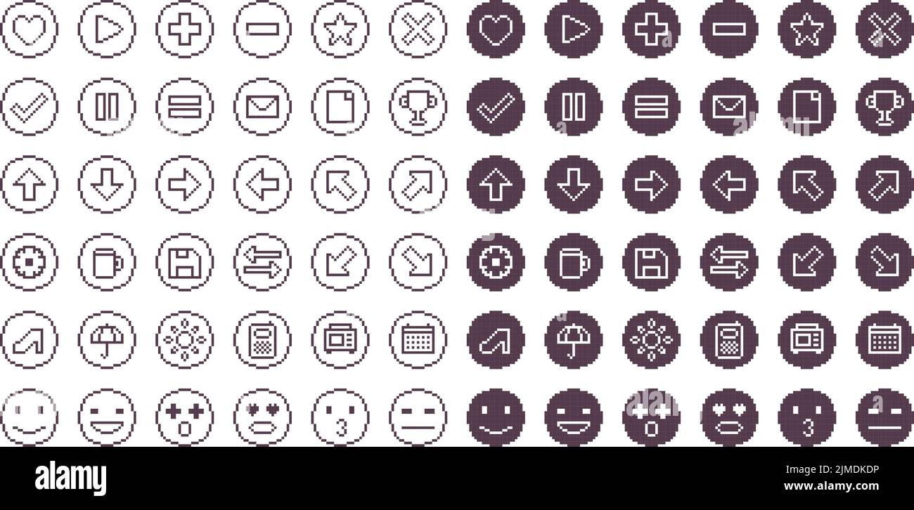 An 8-bit pixelated style vector design of black and white icons set ...