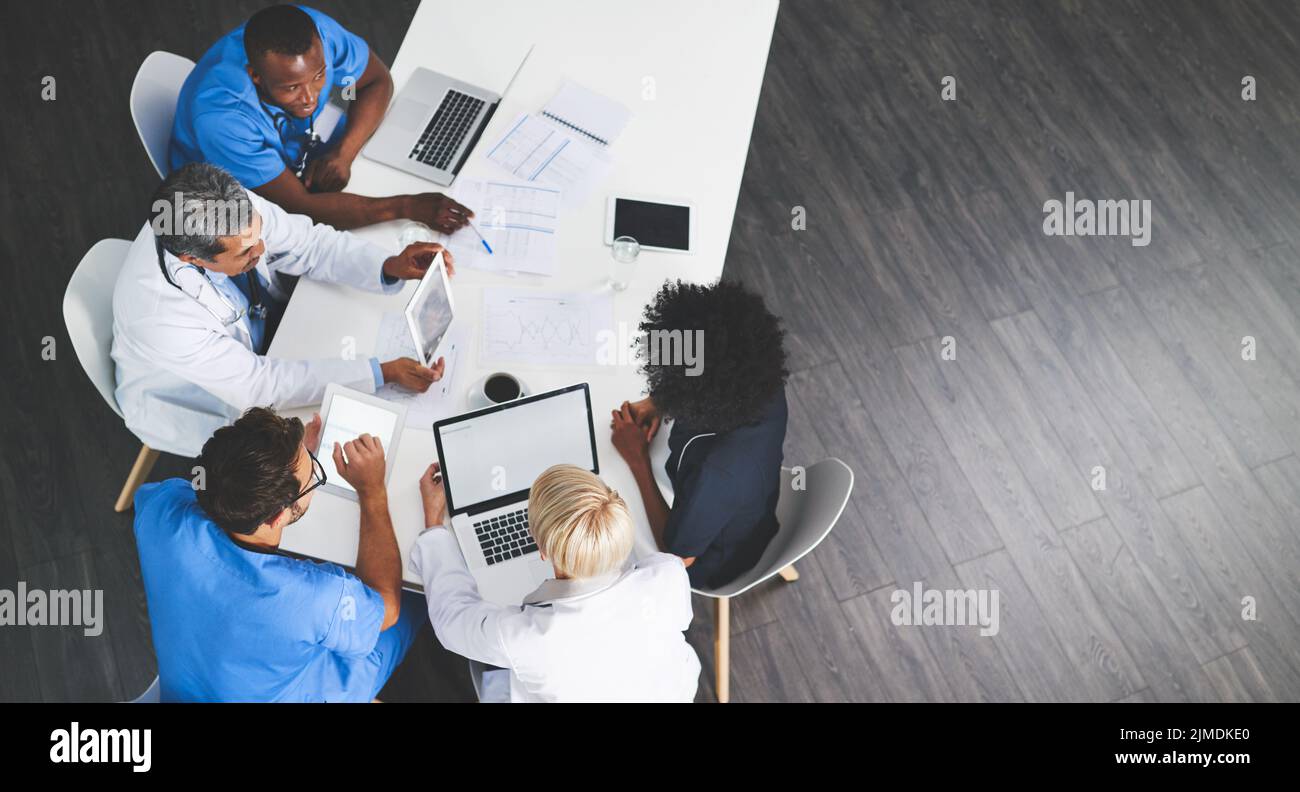 Unity, teamwork and brainstorming by health care workers researching ...