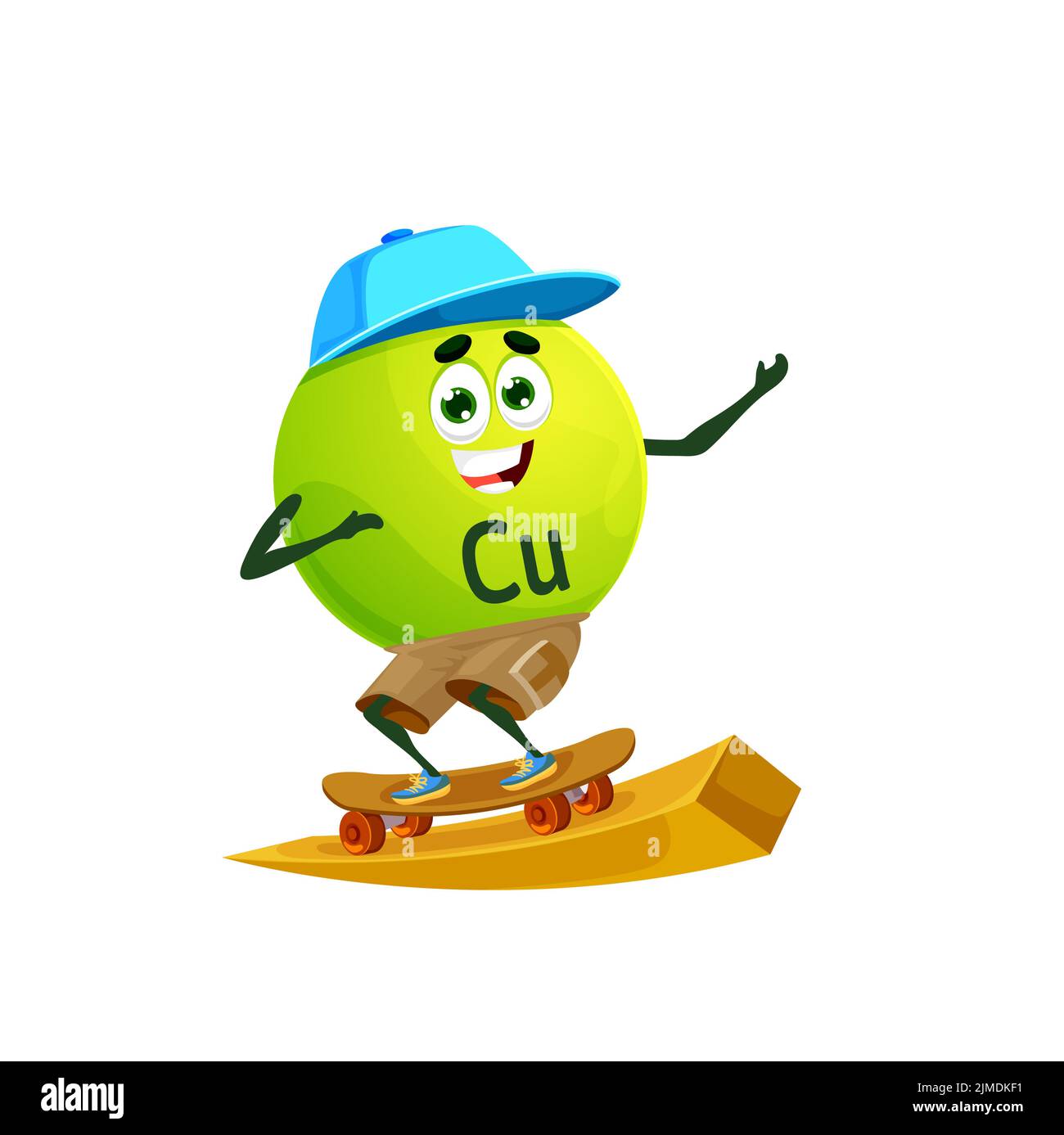 Cartoon copper or cuprum character riding a skateboard. Isolated vector ...