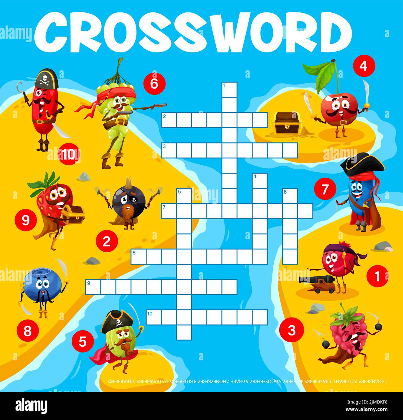 Crossword grid. Cartoon berry pirates and corsairs on island. Word quiz ...