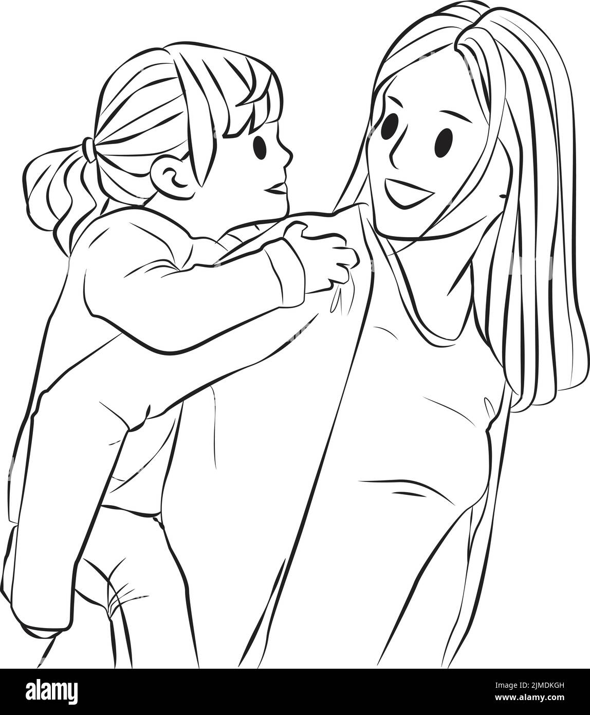 A vector outline cartoon illustration of a mother giving her daughter a ...