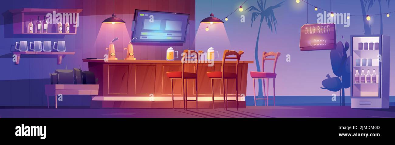 Tropical bar or pub interior, beach restaurant with cold beer mugs ...