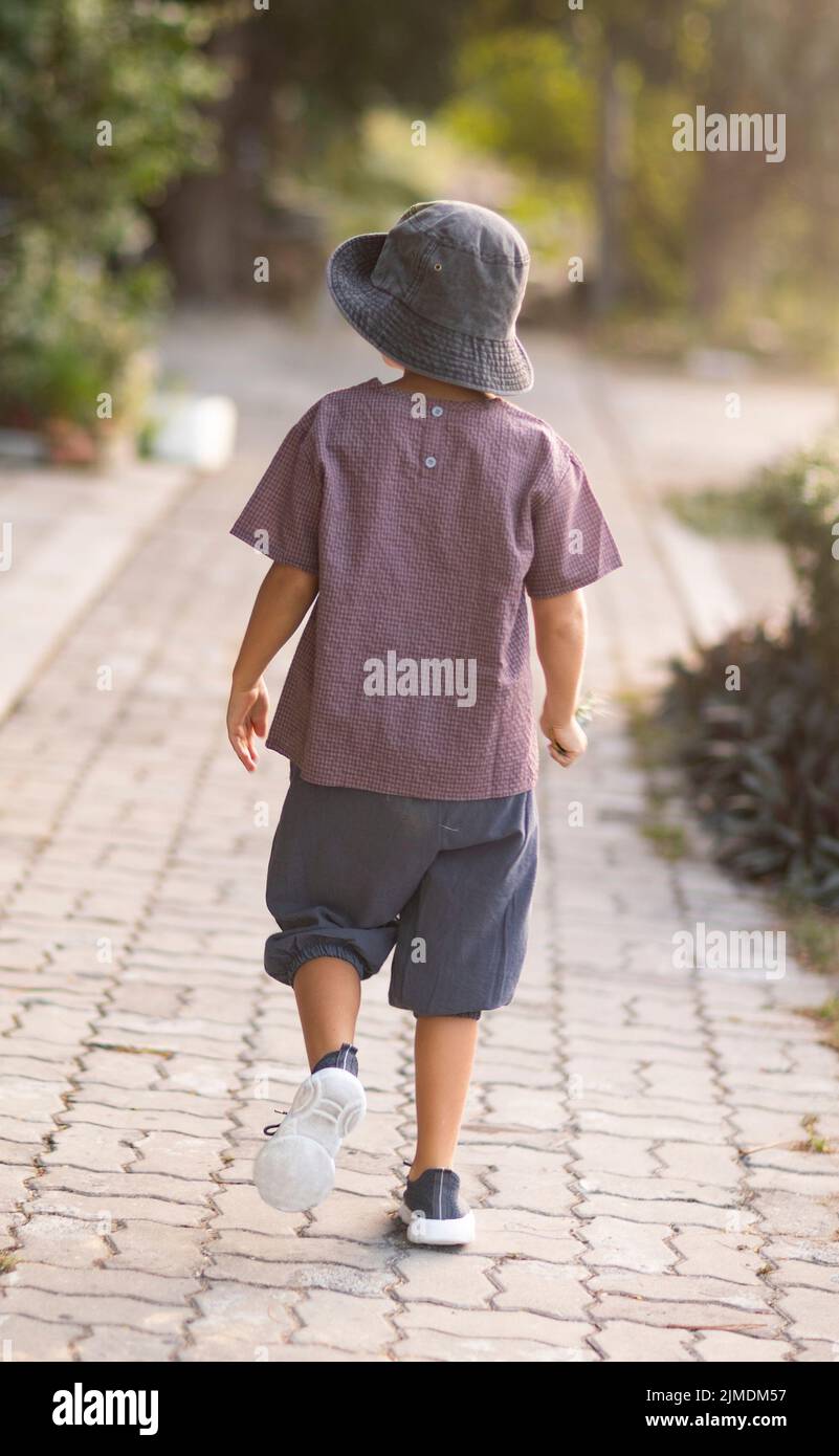 Rear view of a little cute boy walking Stock Photo - Alamy