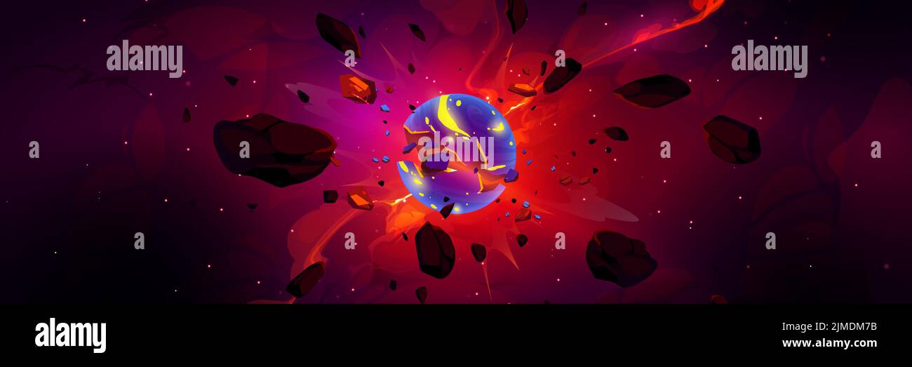 Planet explosion, asteroid or meteorite burst with fire, smoke and ...