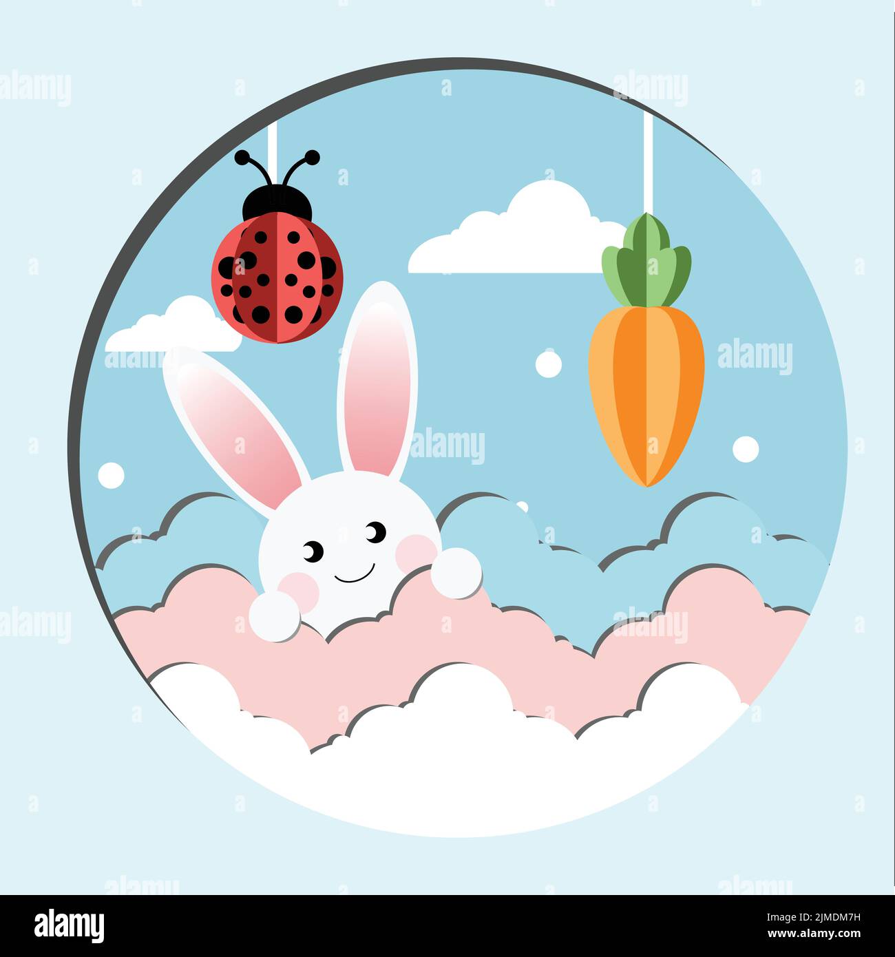 A cute background of paper cut ladybird carrot and white rabbit ...