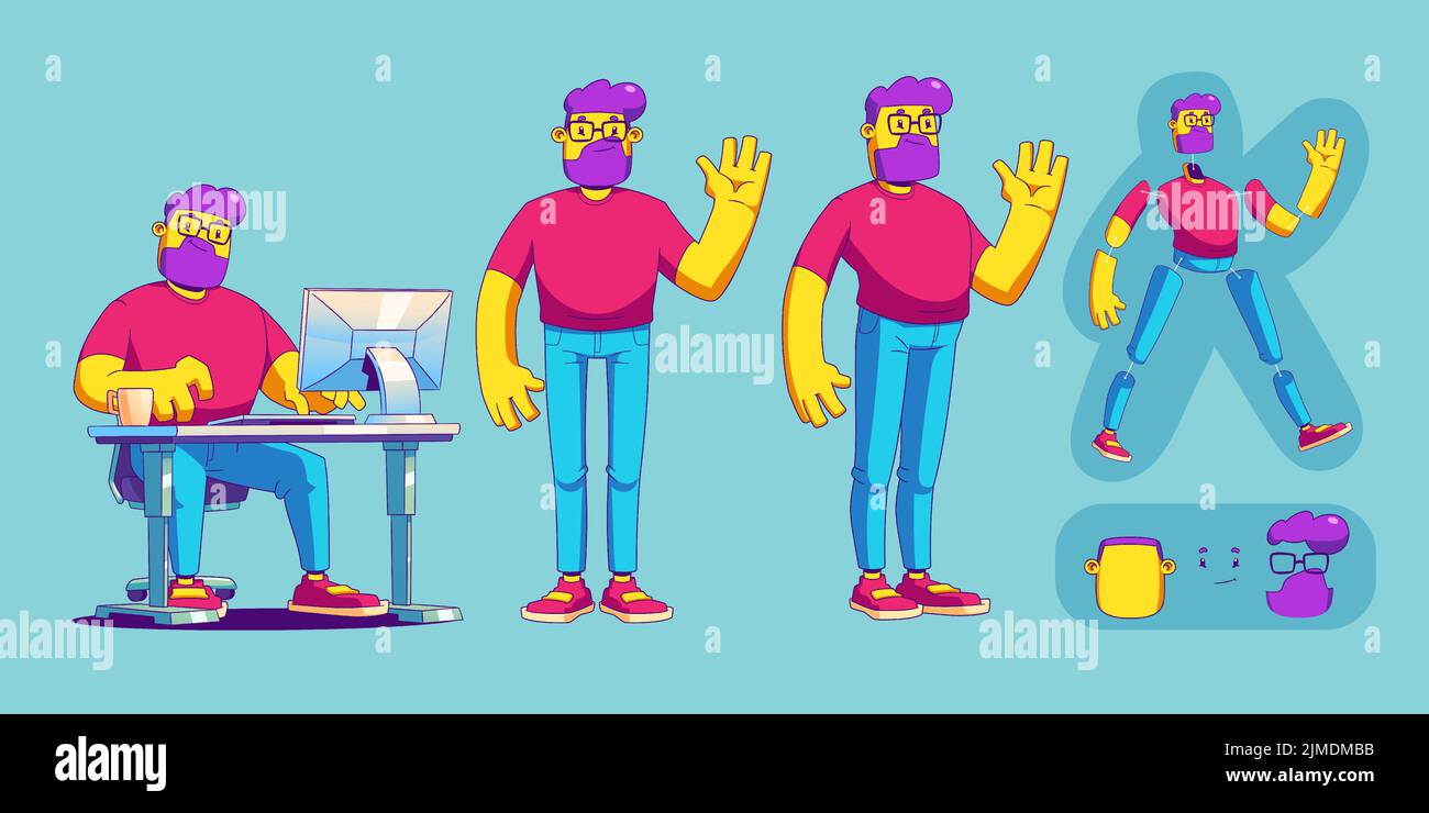 Man character sitting at table with computer and standing. Vector ...