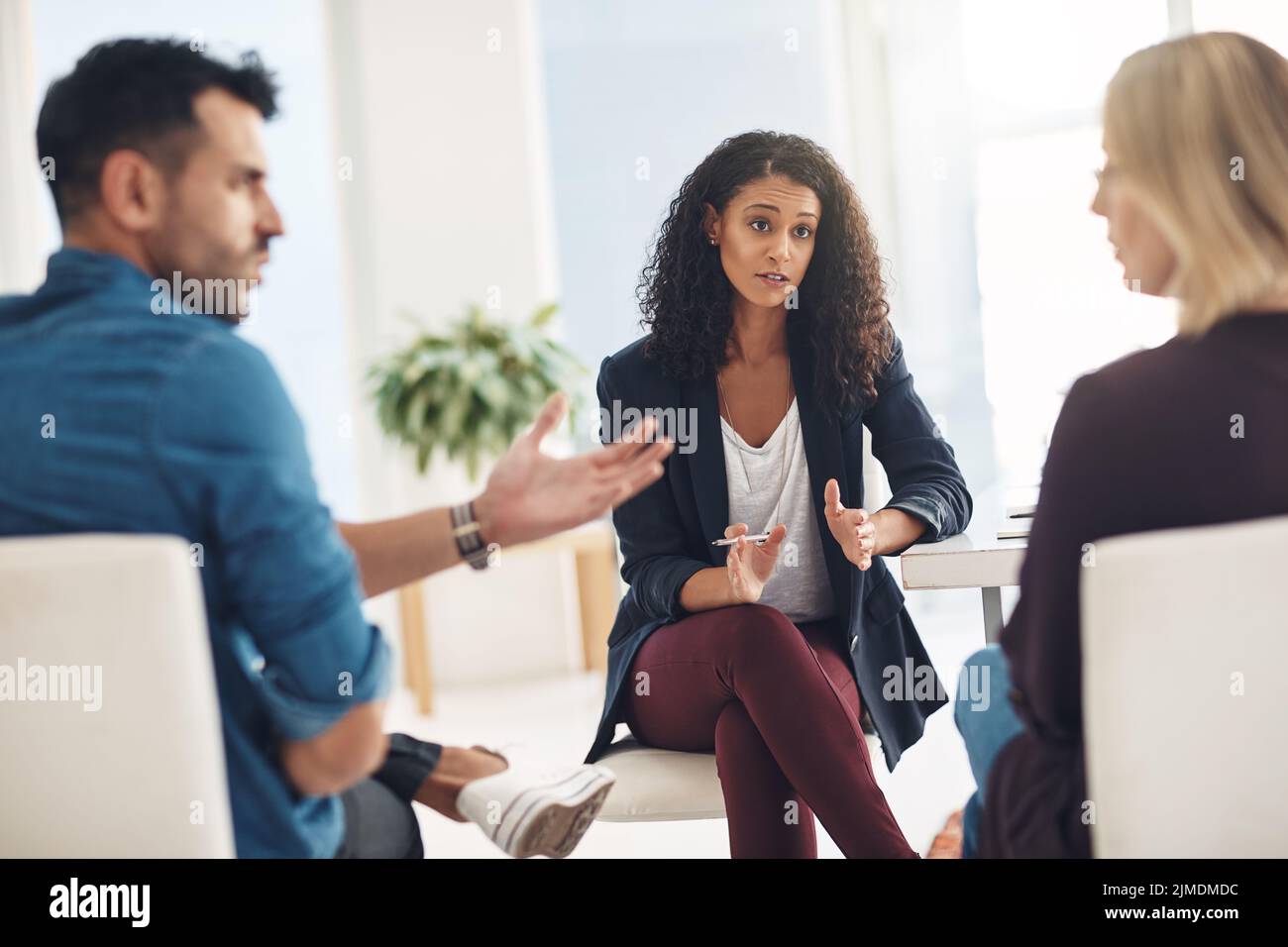 Couple fighting and arguing in therapy session with patient therapist ...