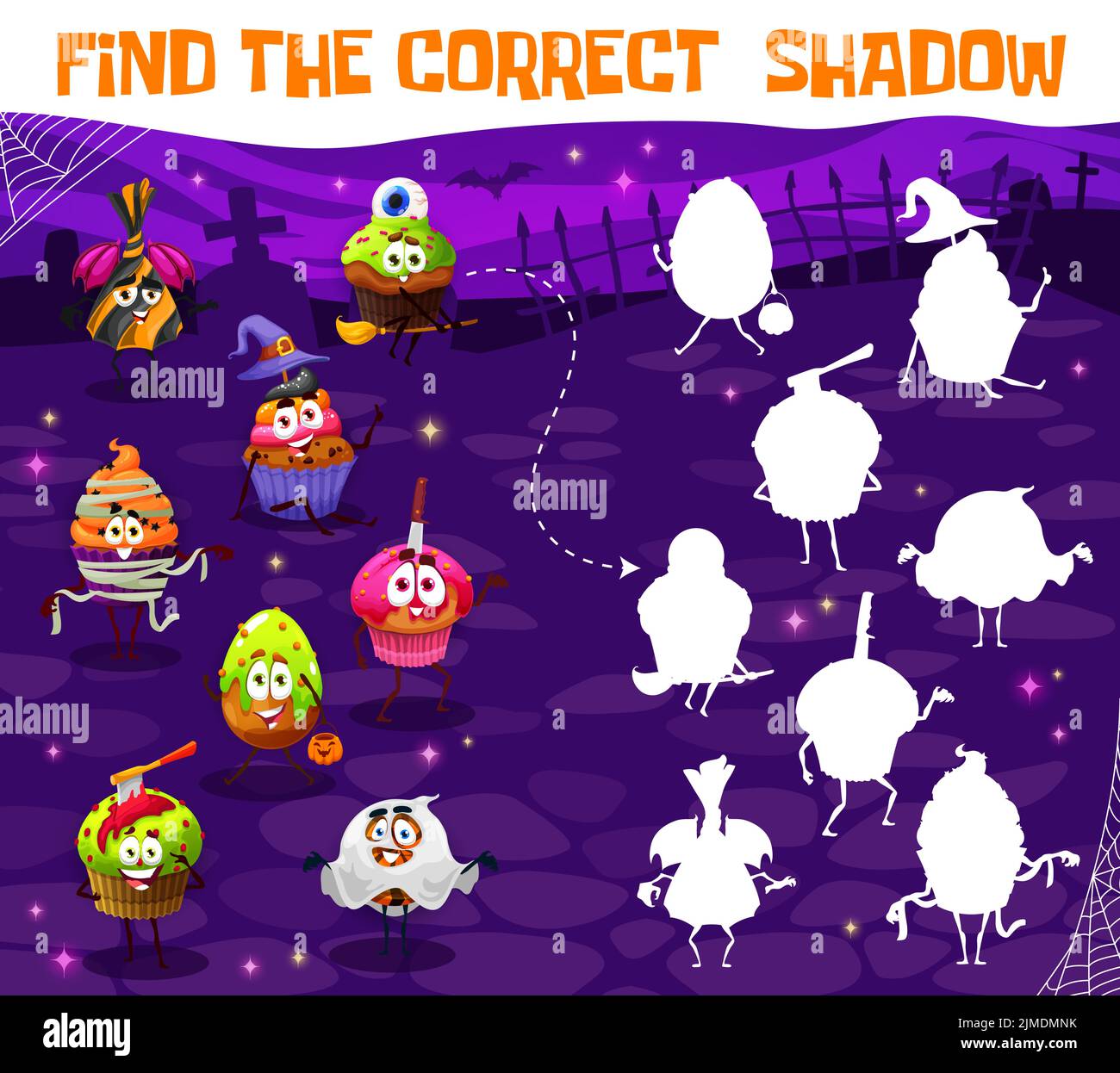 Cartoon Halloween candy characters on cemetery. Find the correct shadow ...