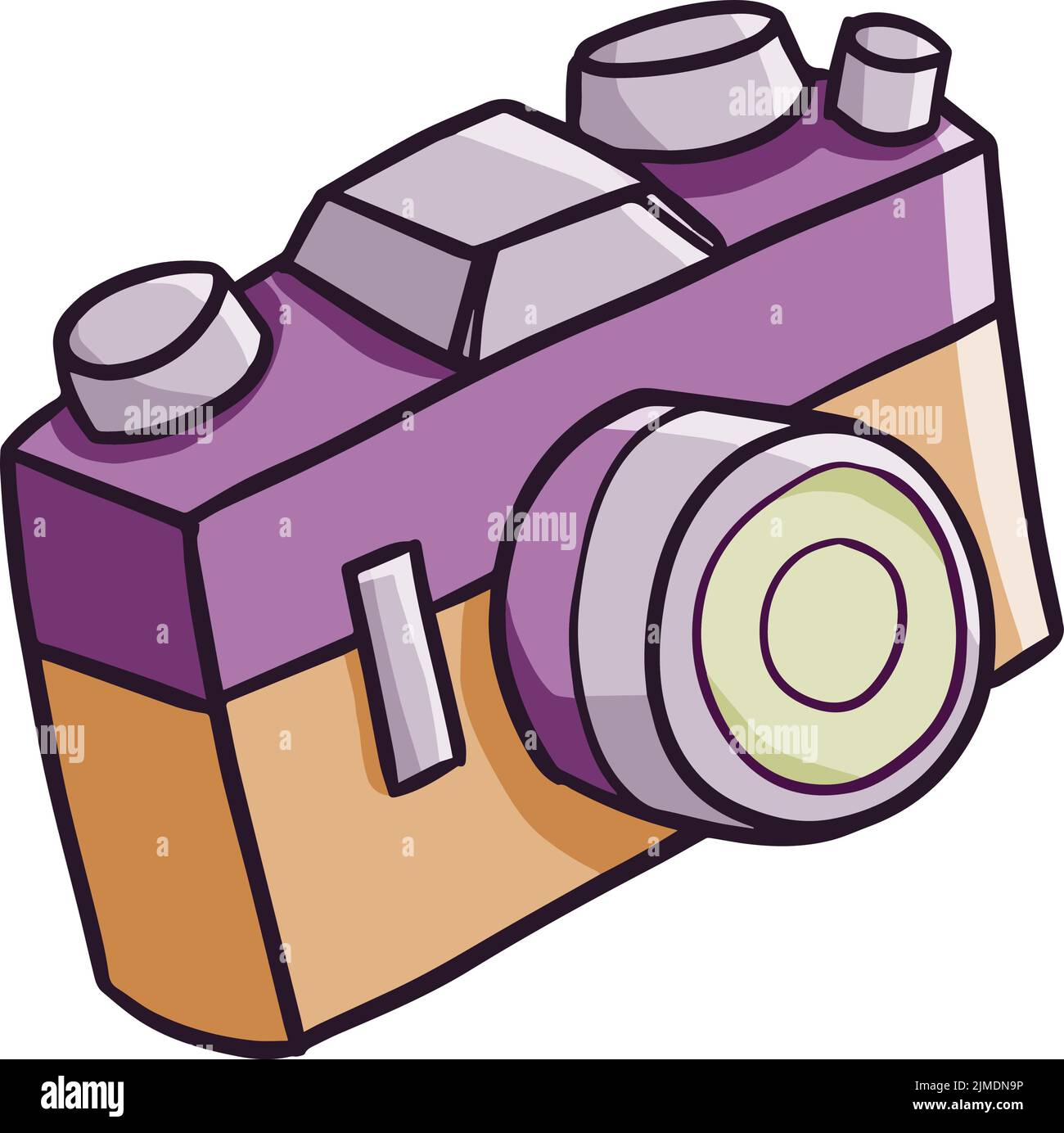 A vector illustration of a purple and orange camera on a white ...