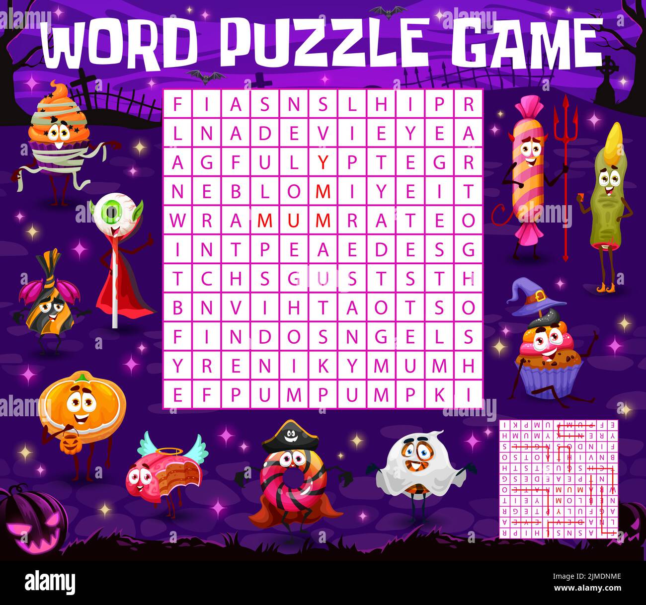 Word search puzzle game. Cartoon Halloween candy characters on cemetery ...