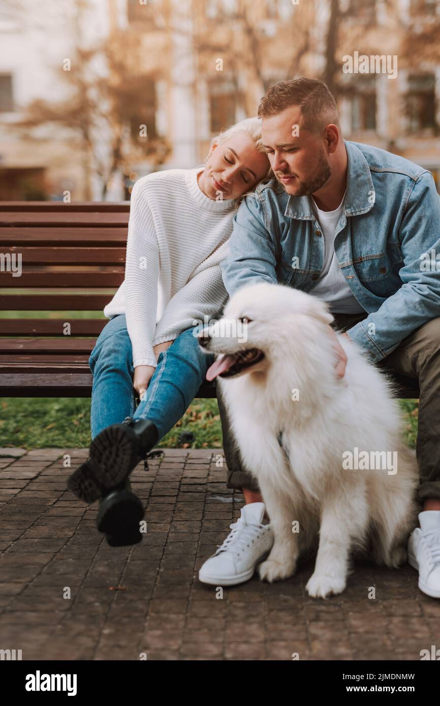 Couple having rest on bench, taking care of their dog Stock Photo - Alamy