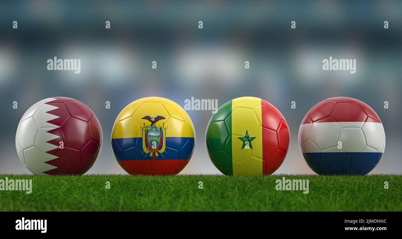 Football balls national flags group A on football pitch. 3d ...