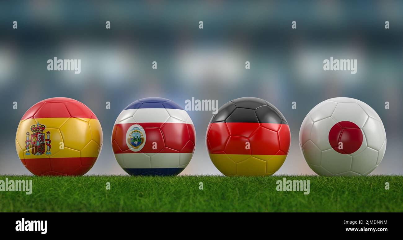 Football balls national flags group E on football pitch. 3d ...
