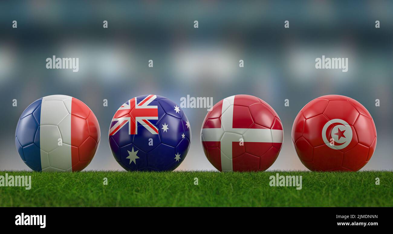 Football balls national flags group D on football pitch. 3d ...