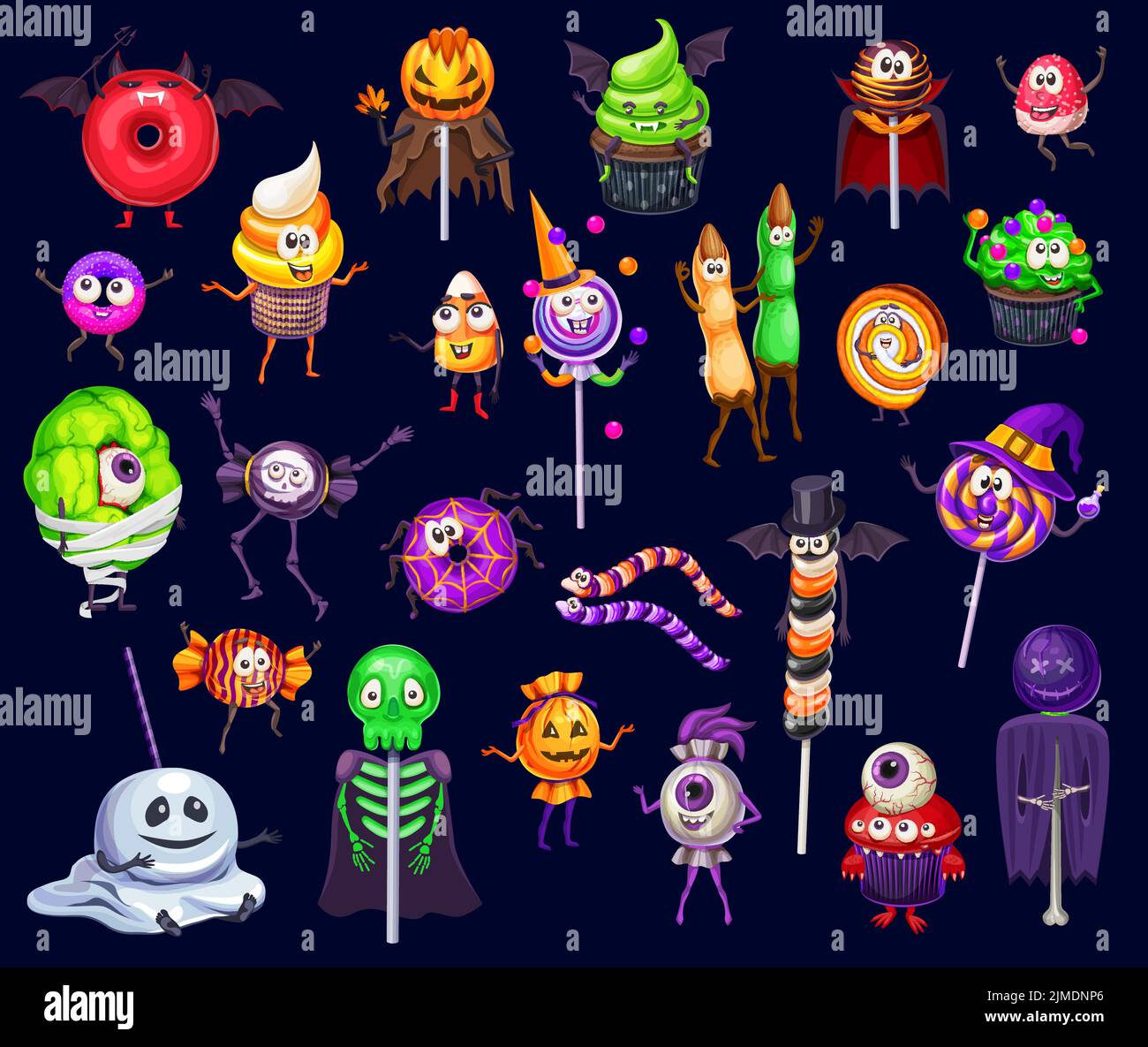 Halloween cartoon sweets characters of vector funny cupcakes, lollipops ...