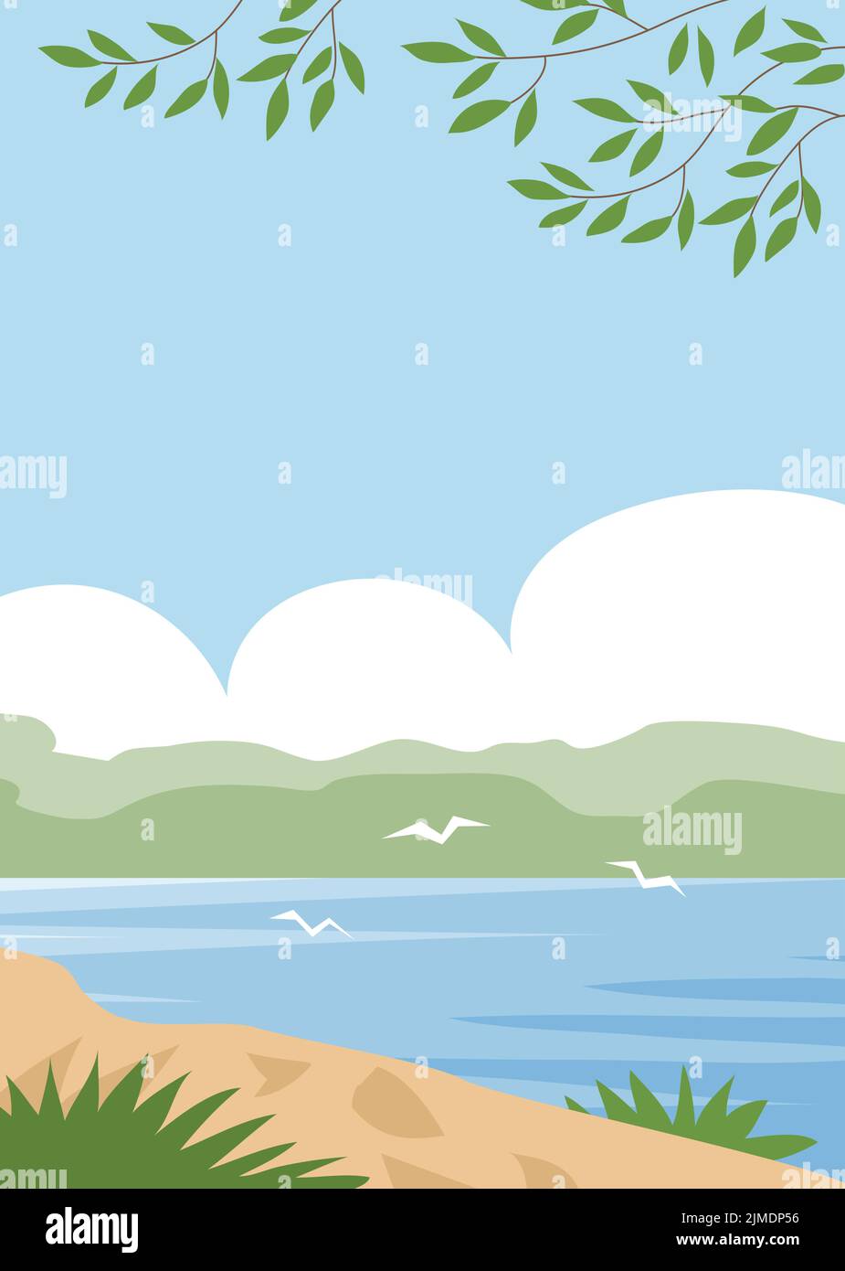 Summer landscape with lake shore and tree. Tree branch with green ...